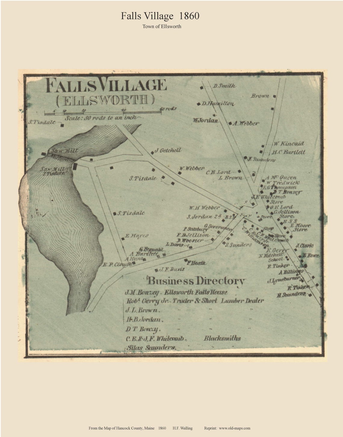 Ellsworth Falls Village 1860 Old Town Map With Homeowner Names - Etsy