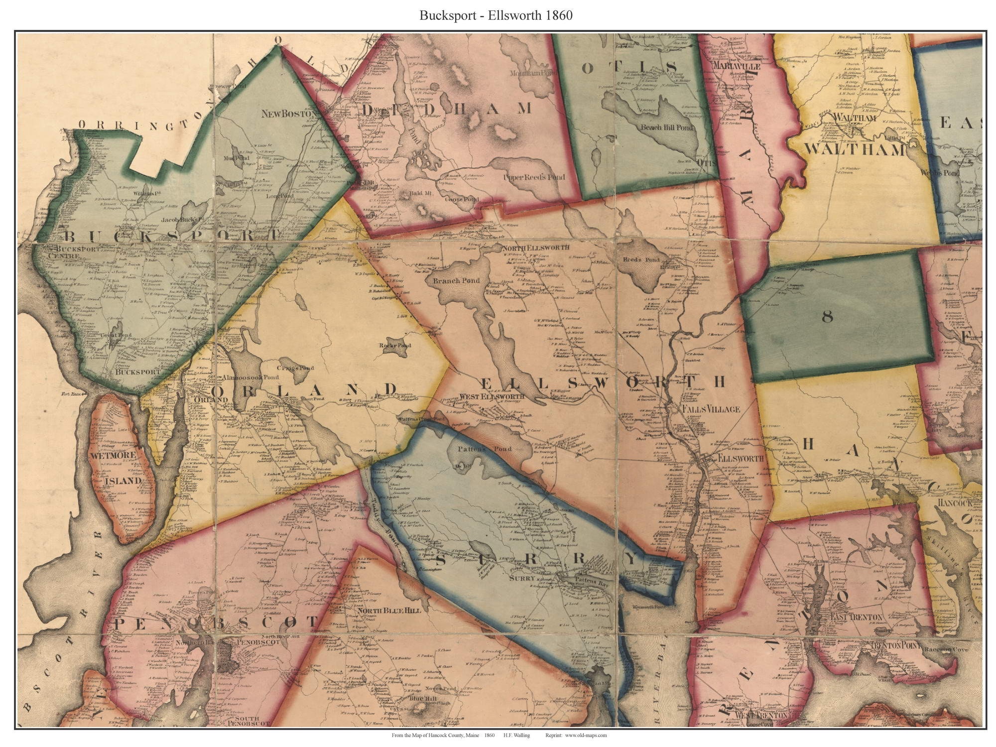 Bucksport Ellsworth 1860 Old Town Map Special With Homeowner Names ...