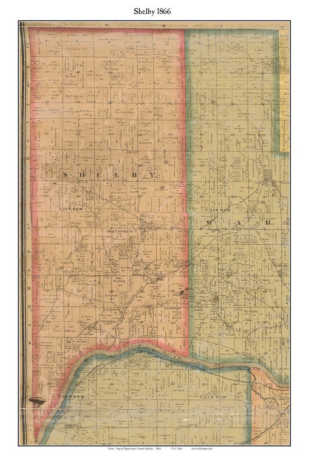 Shelby 1866 Old Town Map With Homeowner Names Indiana Montmorency ...