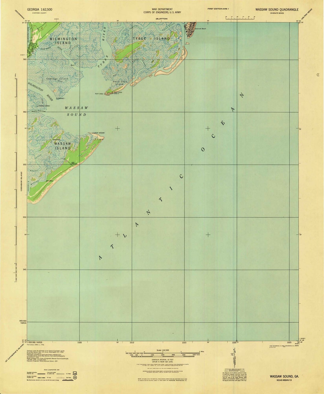 Wassaw Sound 1945 Old Topo Map Savannah Beach Tybee Island - Etsy