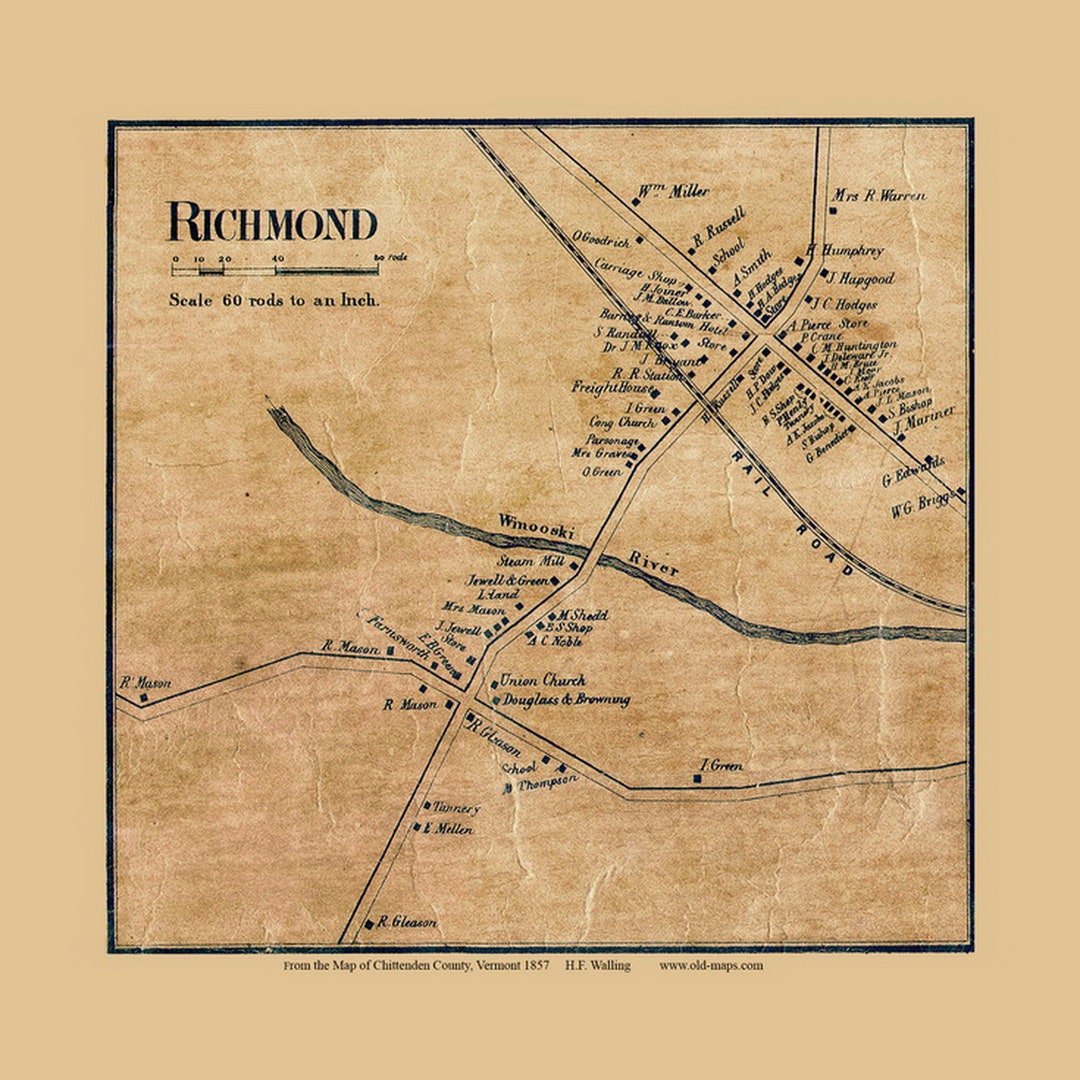 Richmond Village 1857 Old Town Map With Homeowner Names Vermont ...