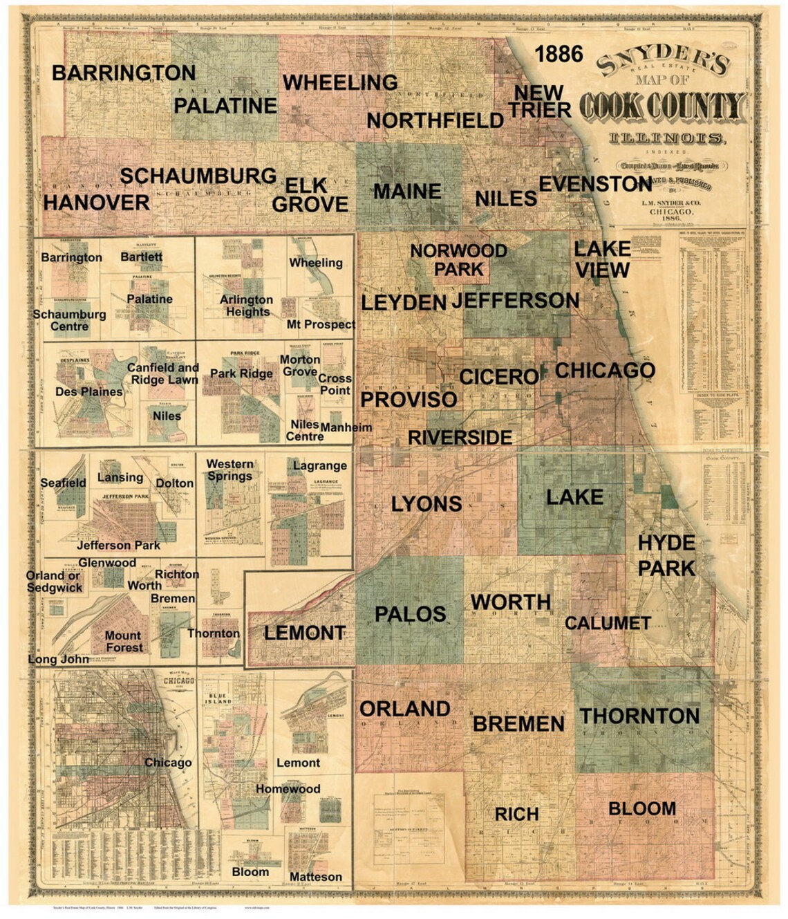 Cook County Illinois 1886 - Old Wall Map Reprint With Homeowner Names ...