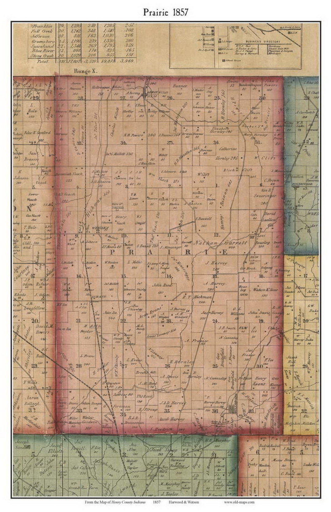 Prairie 1857 Old Town Map With Homeowner Names Indiana Hillsboro Wenona ...