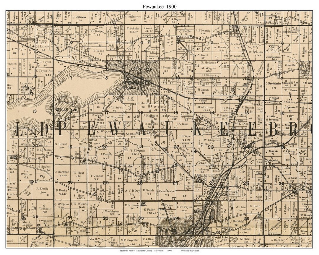 Pewaukee 1900 - Old Town Map With Homeowner Names - Wisconsin - Reprint ...