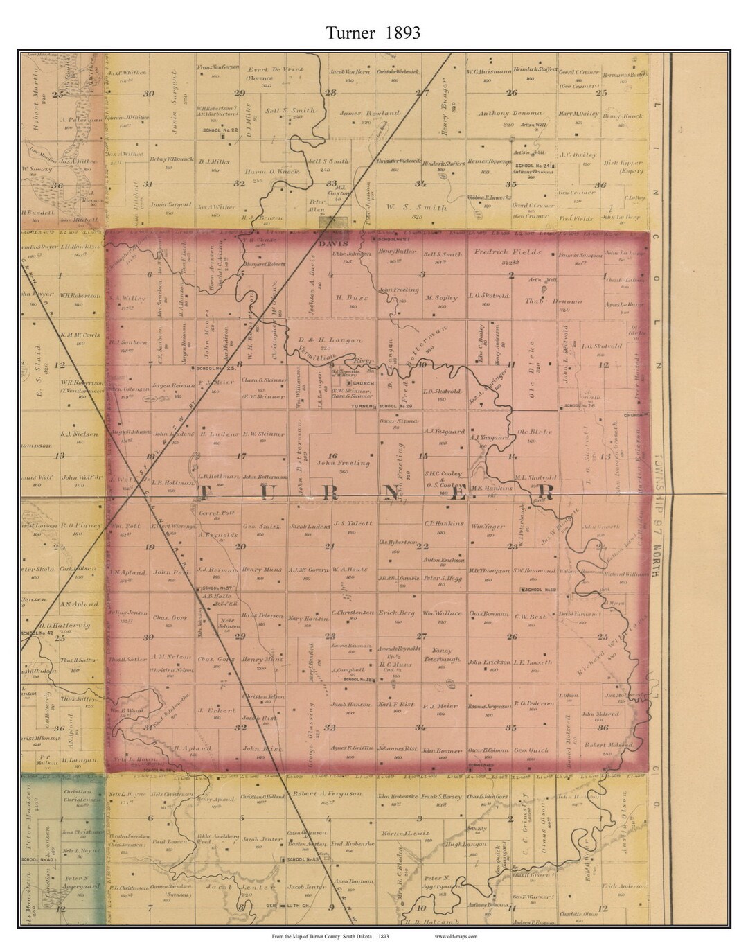 Turner 1893 Old Town Map With Homeowner Names South Dakota Turner ...