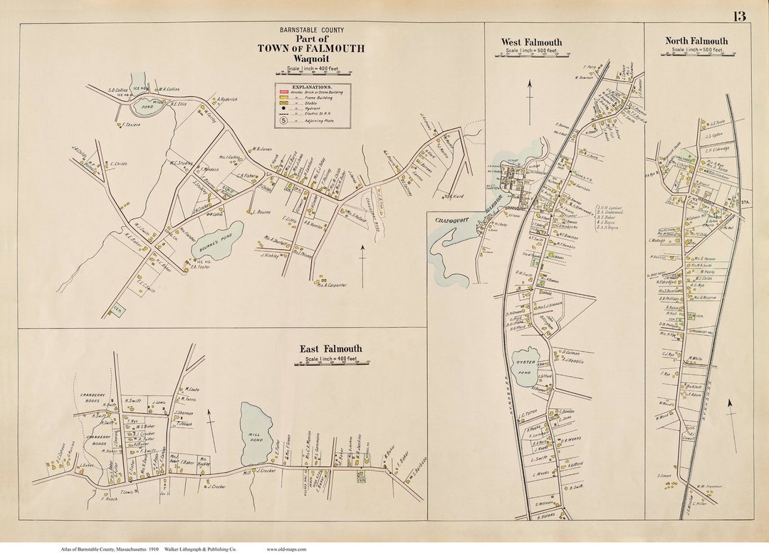 Waquoit, East, West & North Falmouth - 1910 - Old Street Map Reprint ...