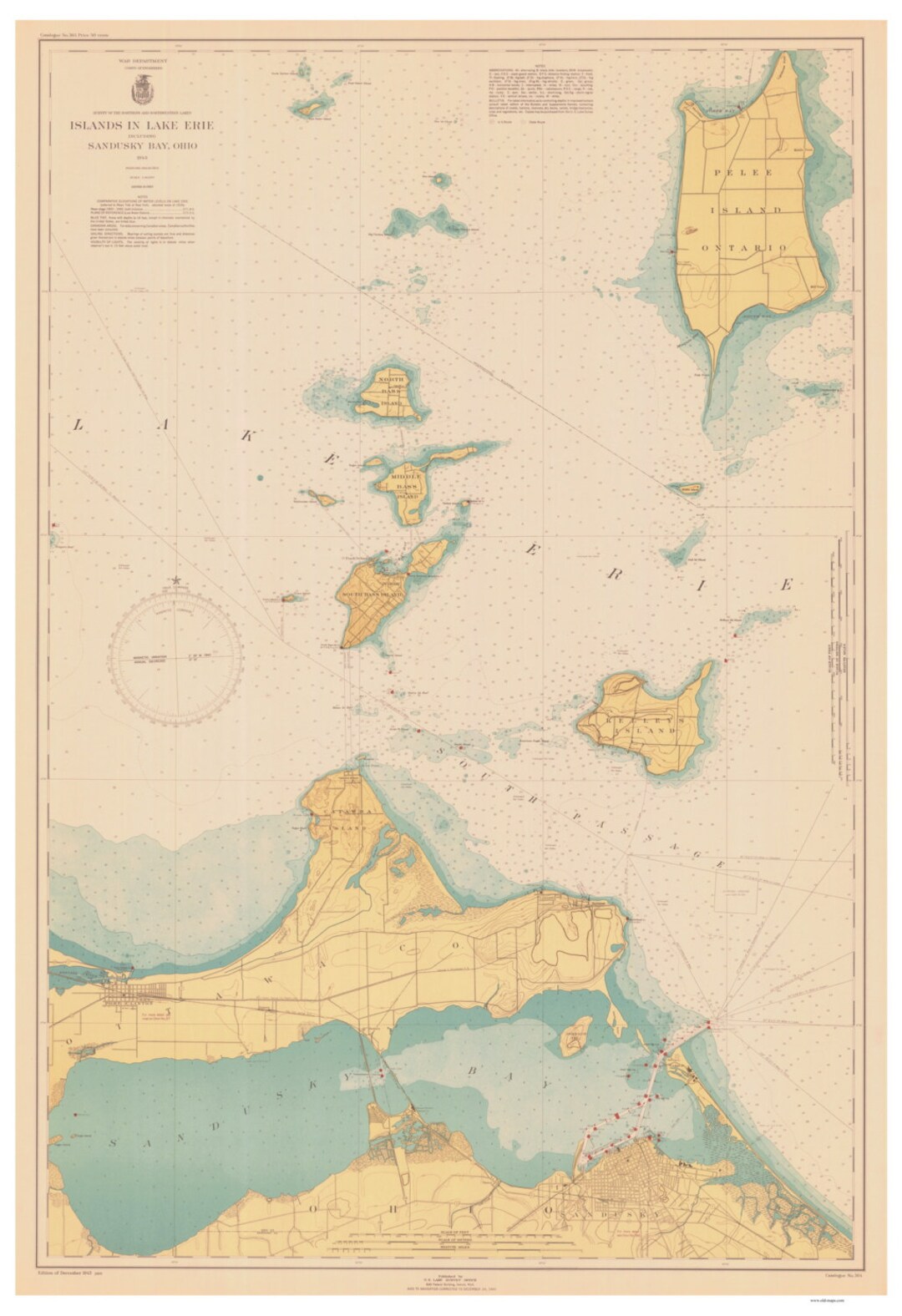 Lake Erie - 1943 - Islands in Lake Erie, Ohio - Nautical Map Reprint ...