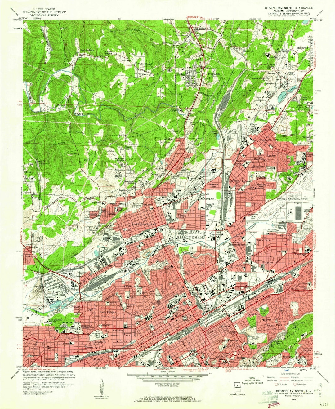 Birmingham North 1959 1961 Old Topo Map Fultondale 7x7 USGS Topographic ...