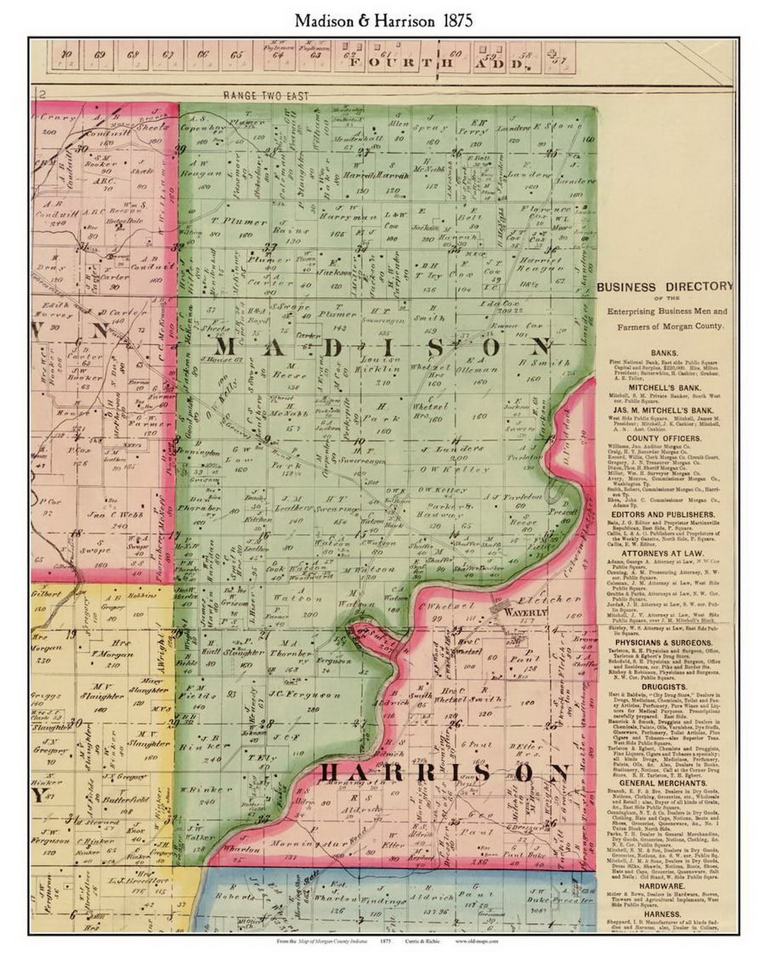 Madison & Harrison 1875 Old Town Map With Homeowner Names Indiana ...