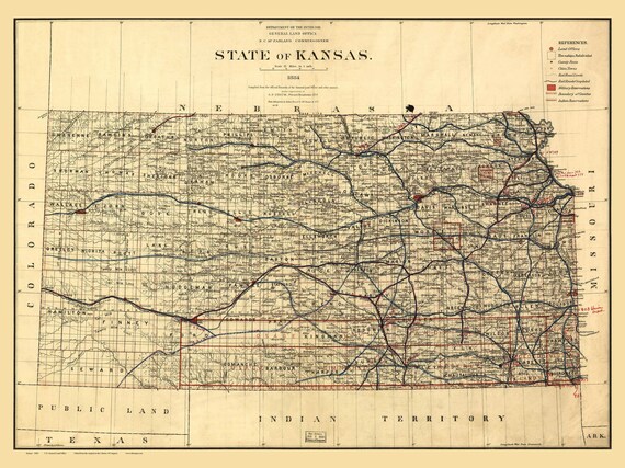 Kansas 1884 State Map GLO Old Map Reprint | Etsy