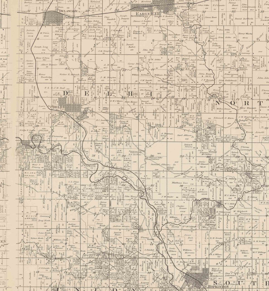 Delaware County Iowa 1882 Old Wall Map With Landowner Names Farm Lines ...