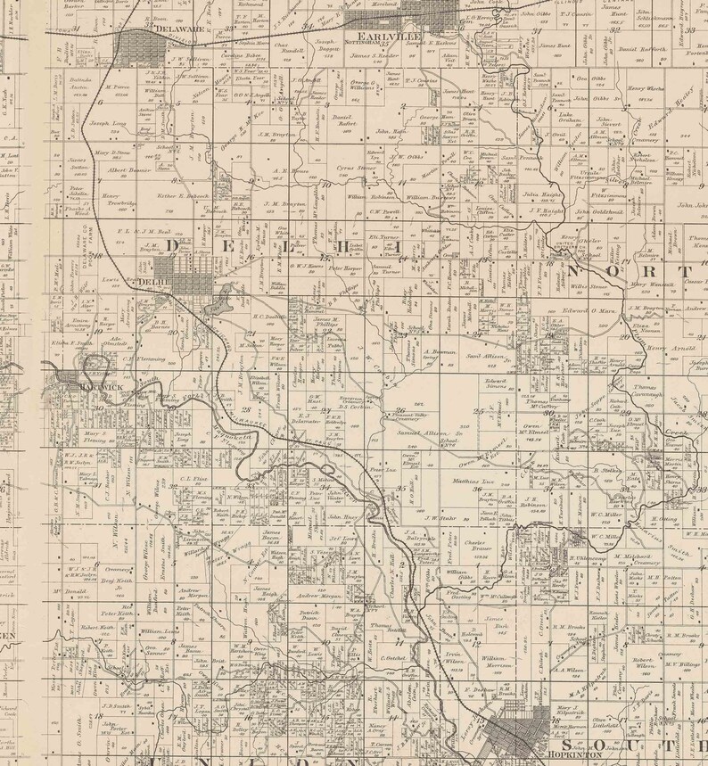 Delaware County Iowa 1882 Old Wall Map With Landowner Names Farm Lines ...