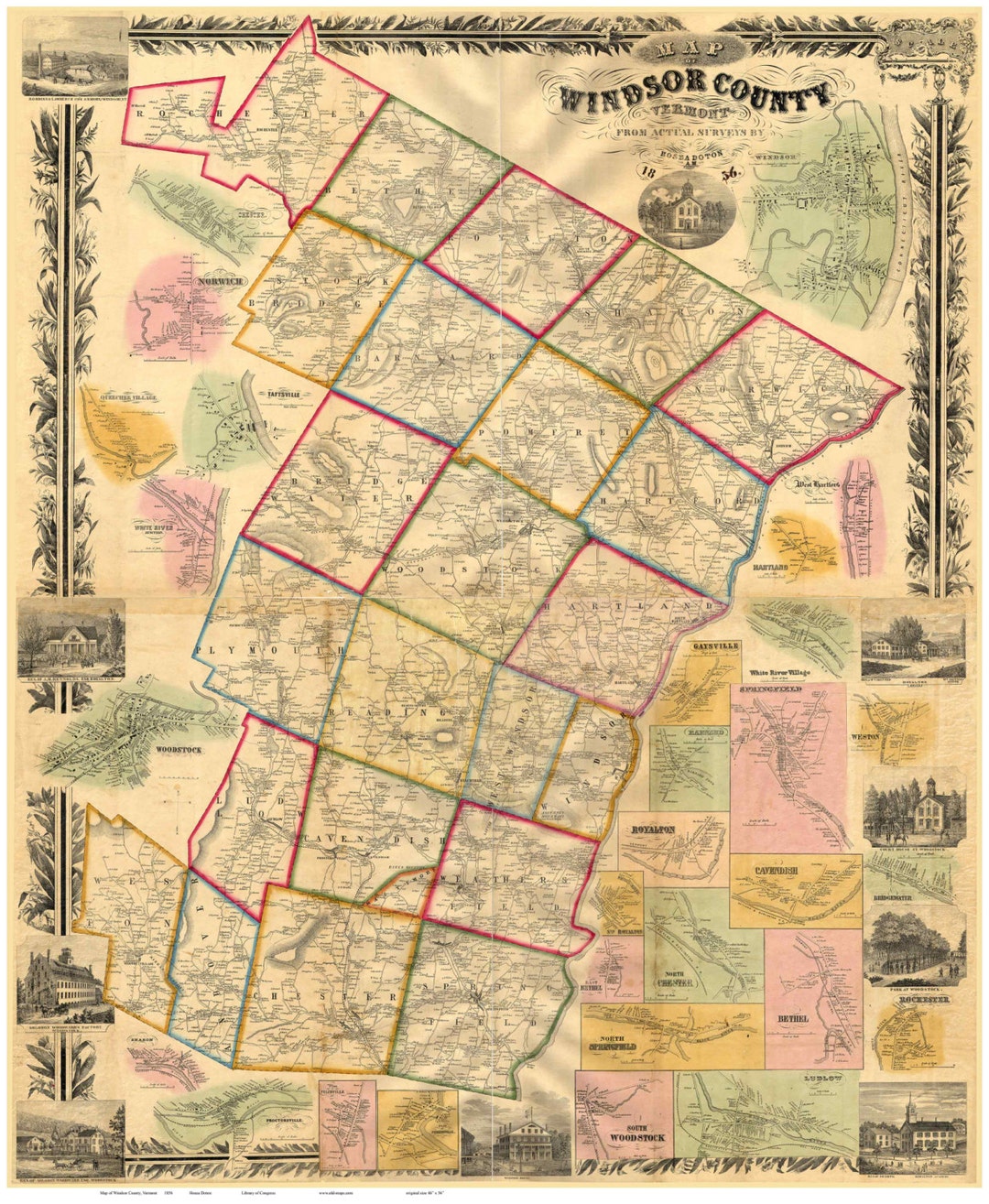 Windsor County Vermont 1856 - Old Wall Map Reprint With Homeowner Names ...