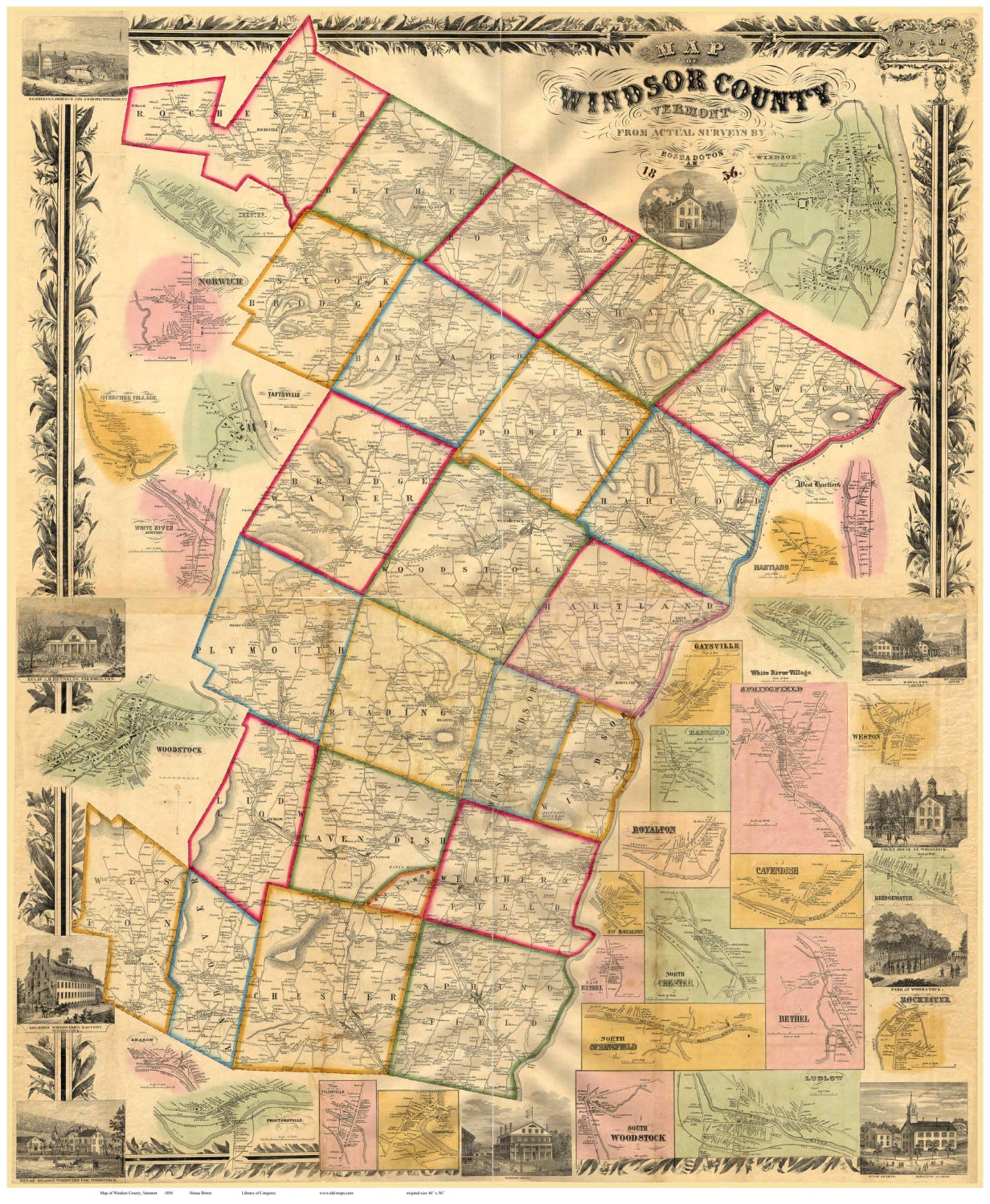 Windsor County Vermont 1856 - Old Wall Map Reprint With Homeowner Names ...
