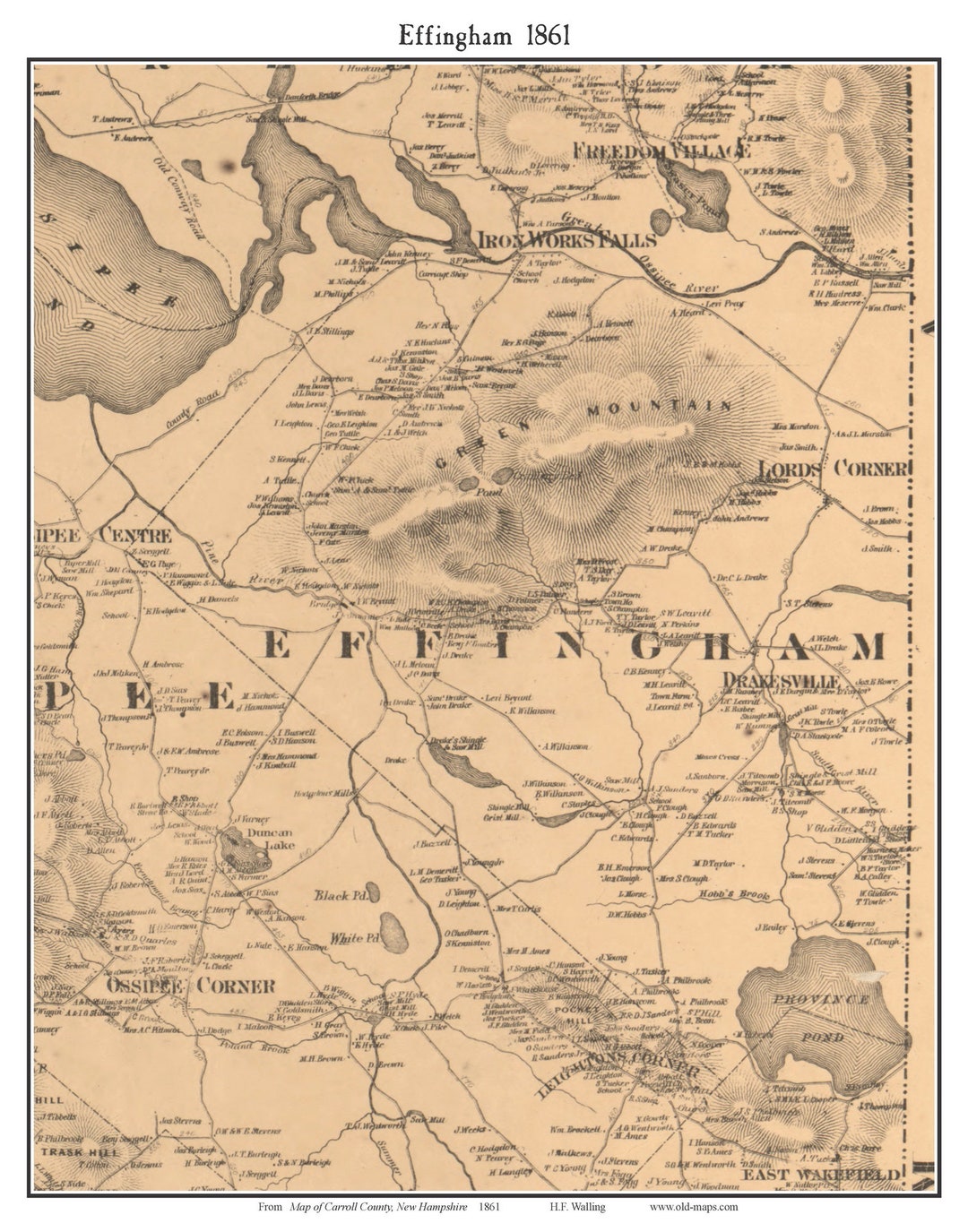 Effingham 1861 Old Town Map With Homeowner Names New Hampshire ...