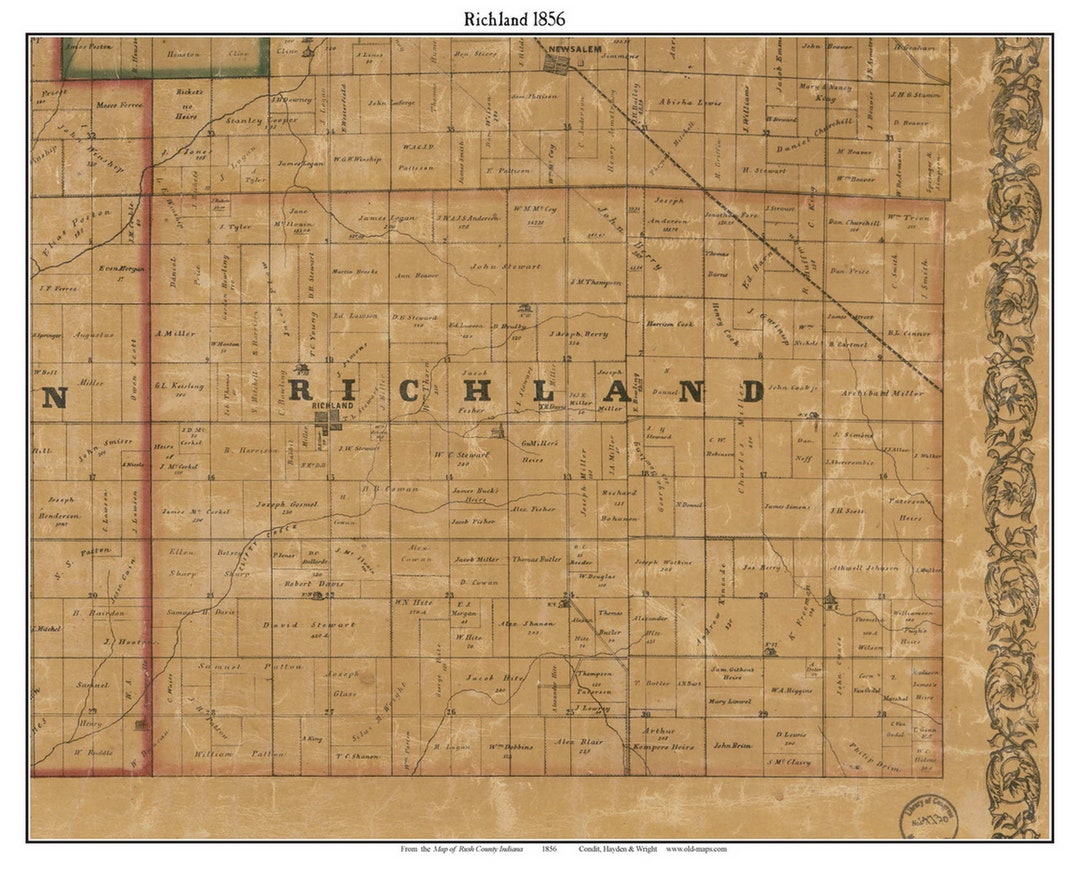 Richland 1856 Old Town Map With Homeowner Names Indiana - Reprint ...