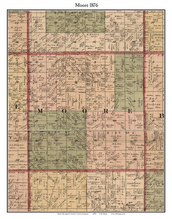 Moore 1876 Old Town Map With Homeowner Names Michigan | Etsy