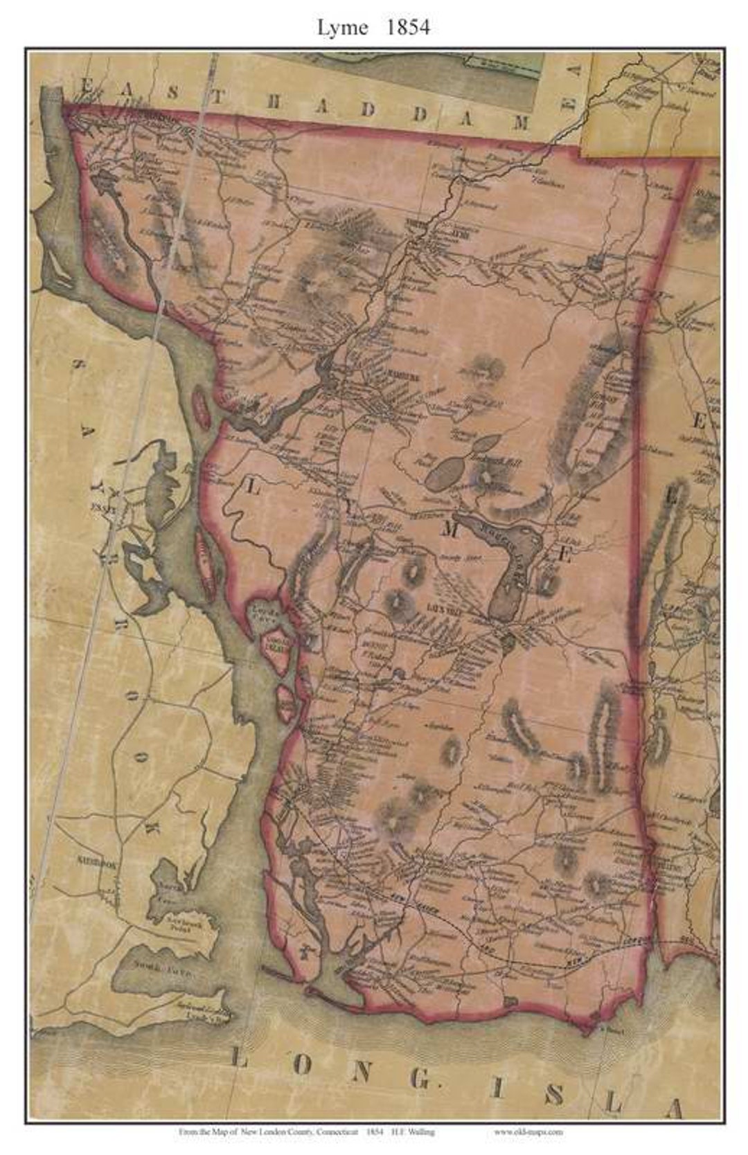 Lyme Connecticut 1854 Old Town Map With Homeowner Names - Reprint New ...