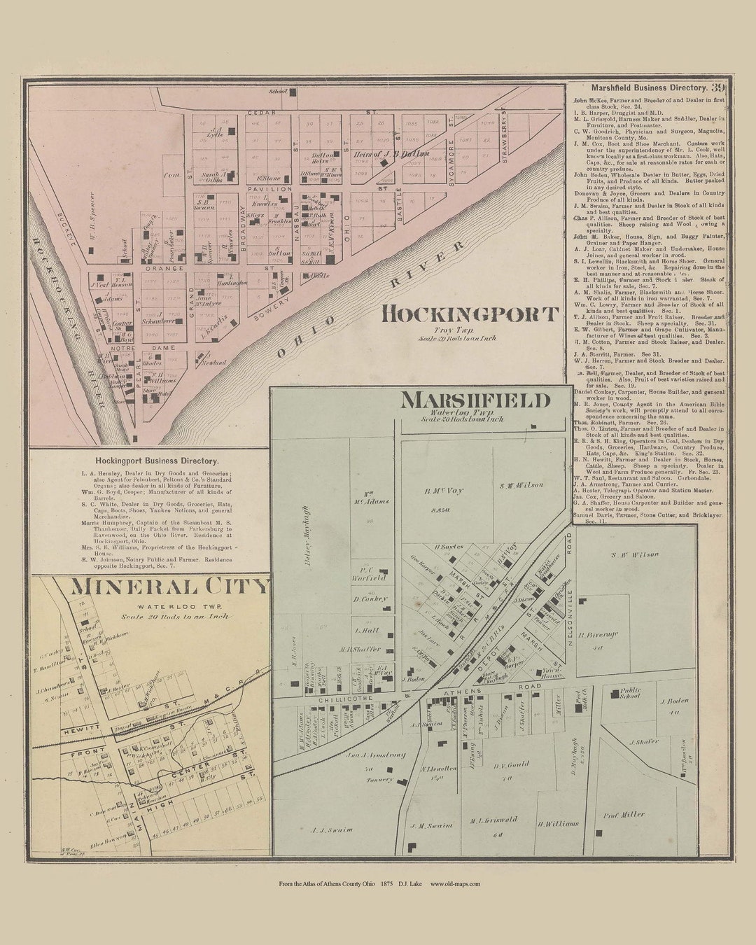 Hockingport 1875 - Old Town Map Reprint - Marshfield, Mineral City ...