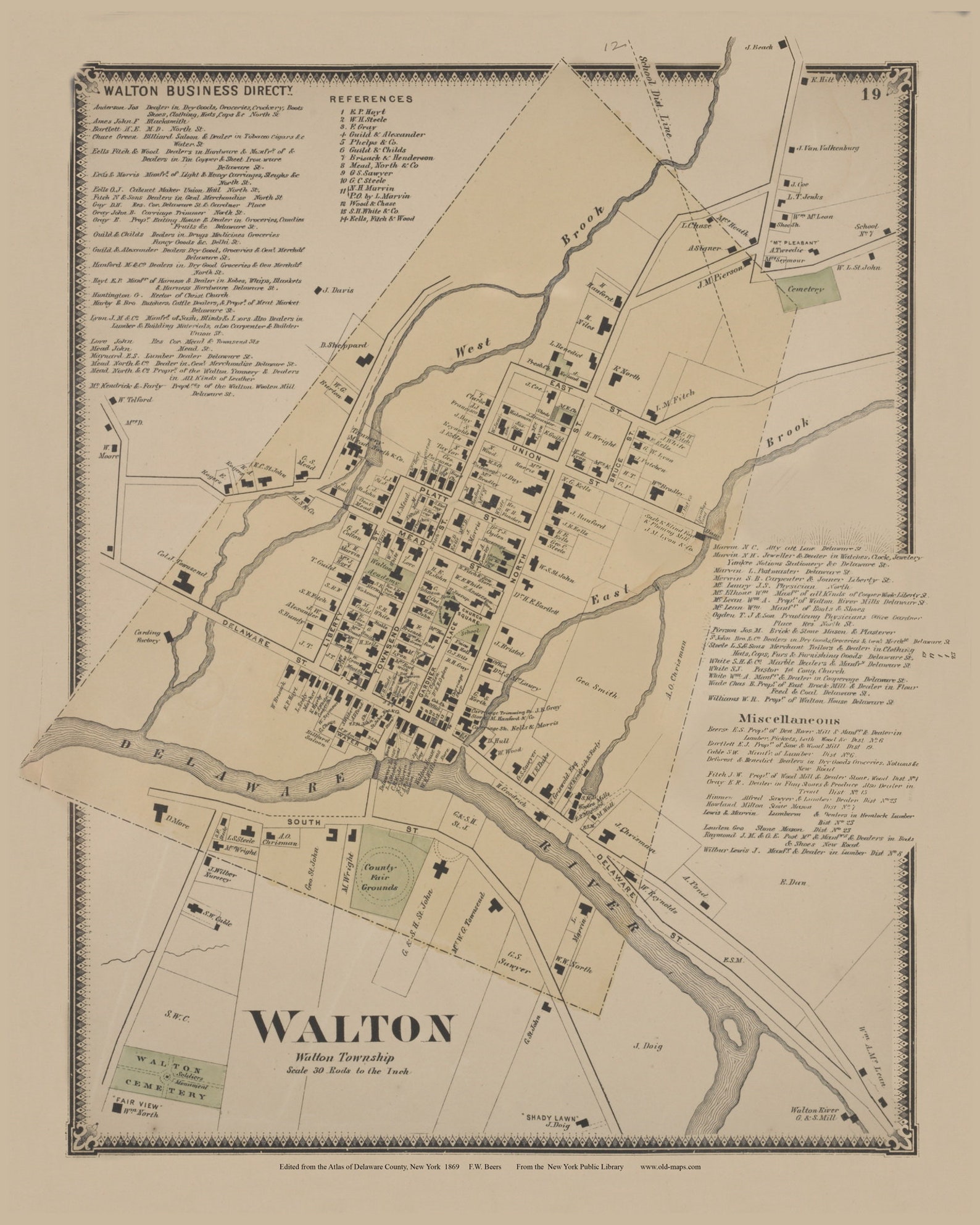 Walton Village - 1869 - New York - Delaware Co Atlas Old Town Map ...