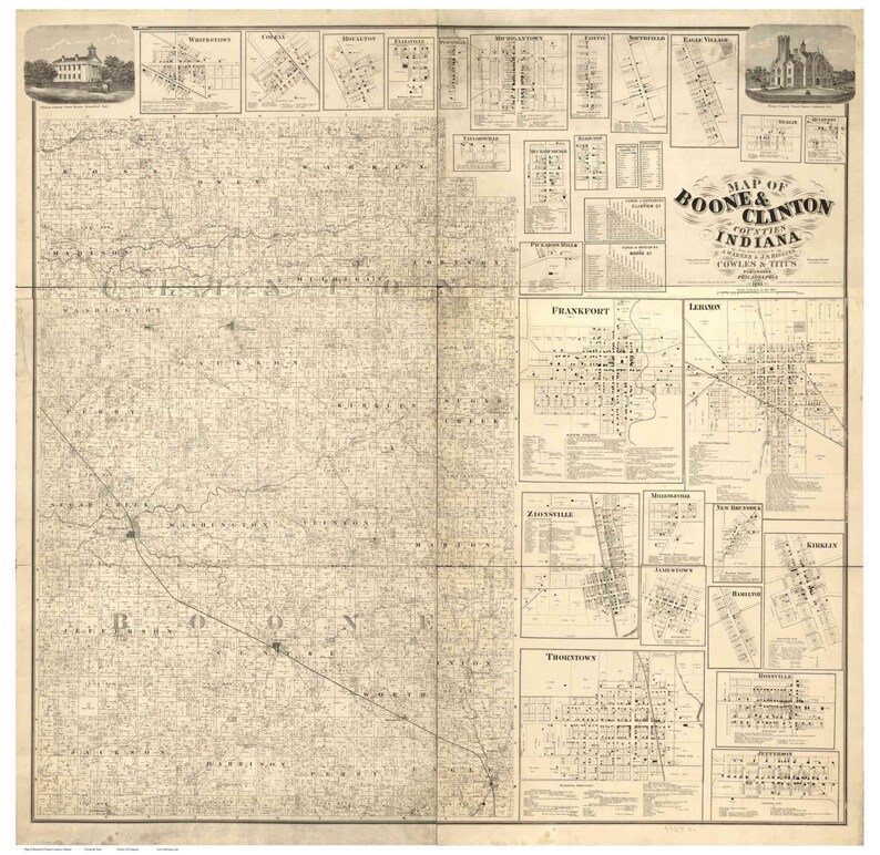 Boone and Clinton County Indiana 1865 Old Wall Map Reprint - Etsy
