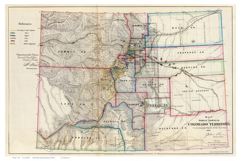 Colorado Territory 1866 Old Map Reprint -- US Land Office Public ...