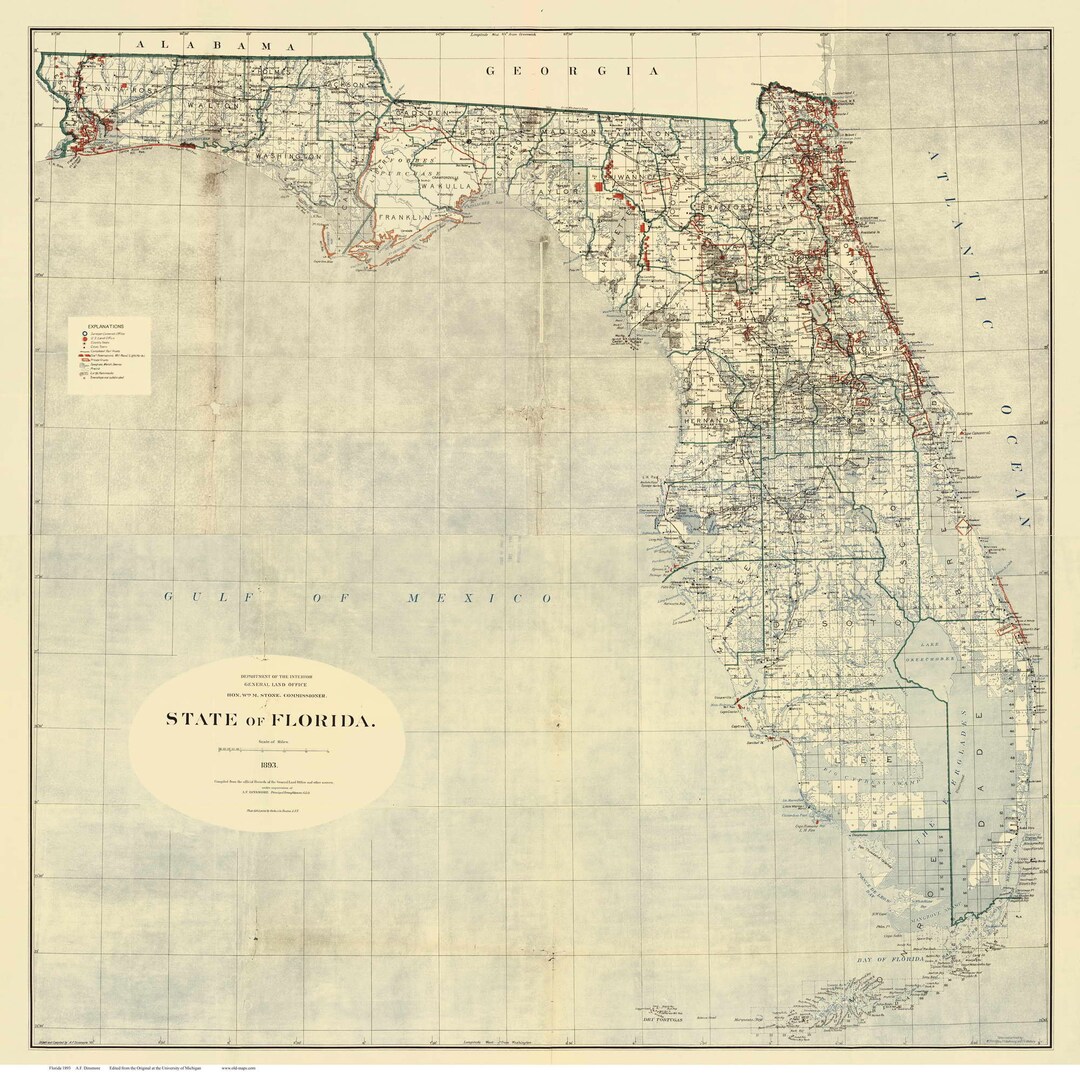 Florida 1893 State Map General Land Office - by Dinsmore - Reprint - Etsy
