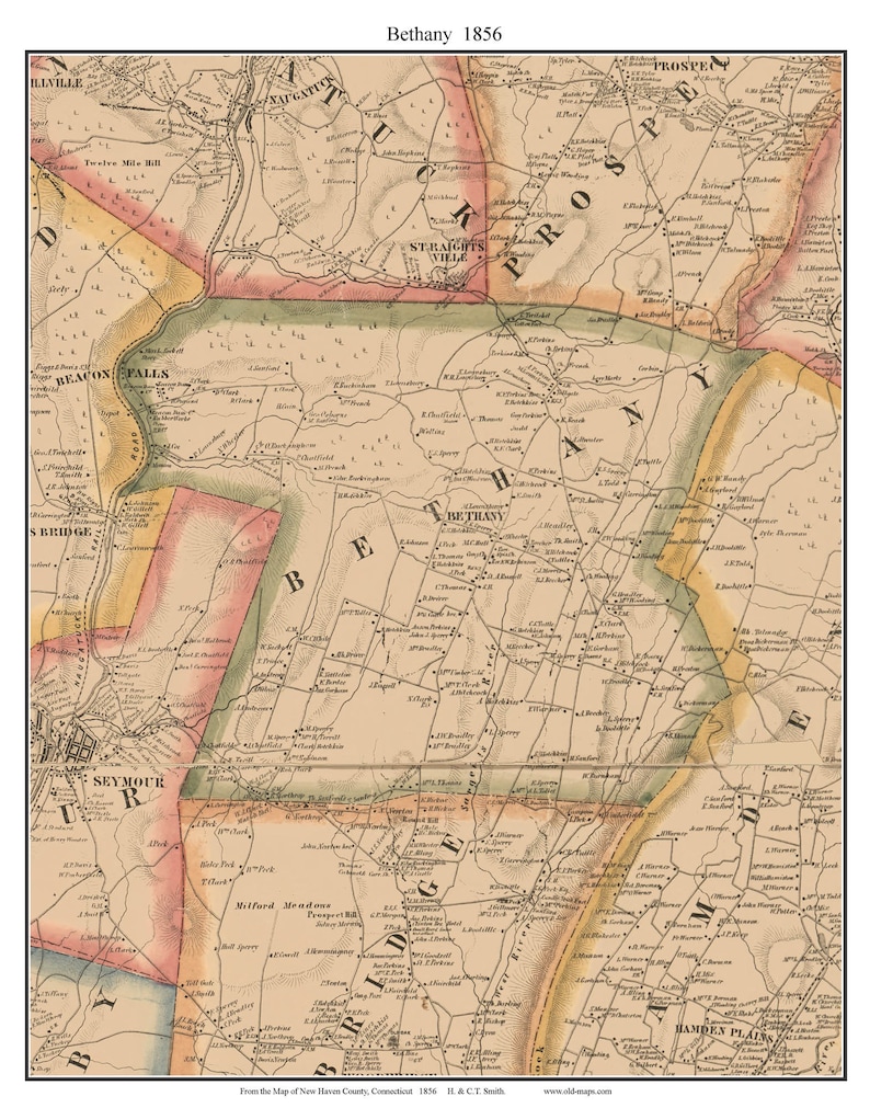 Bethany 1856 Old Town Map With Homeowner Names Connecticut | Etsy