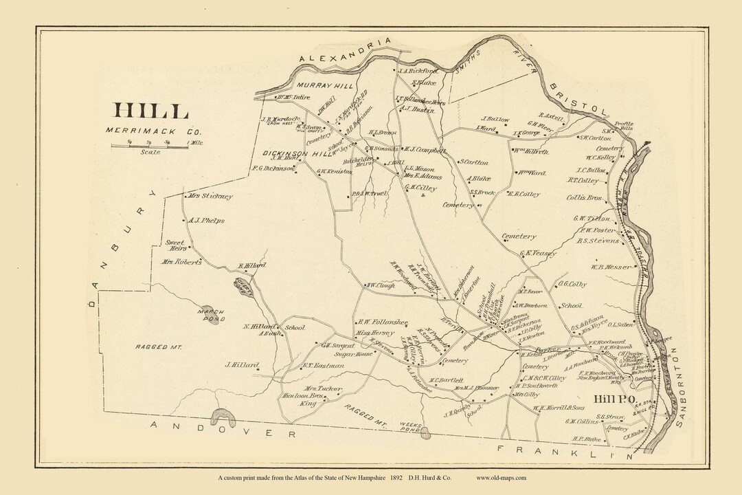 Hill 1892 Map - Homeowner Names Custom Reprint Merrimack County New ...