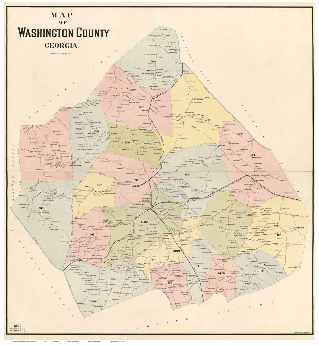Washington County Old 1897 Map Georgia - Map With Homeowner Names ...