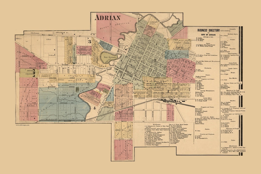 Adrian City 1864 Old Town Map With Homeowner Names - Michigan - Reprint ...