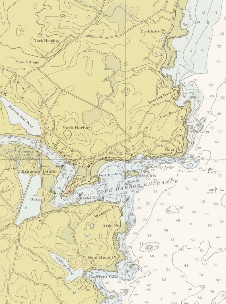 York Harbor Cape Neddick Harbor 1960 Old Map Nautical - Maine Custom ...