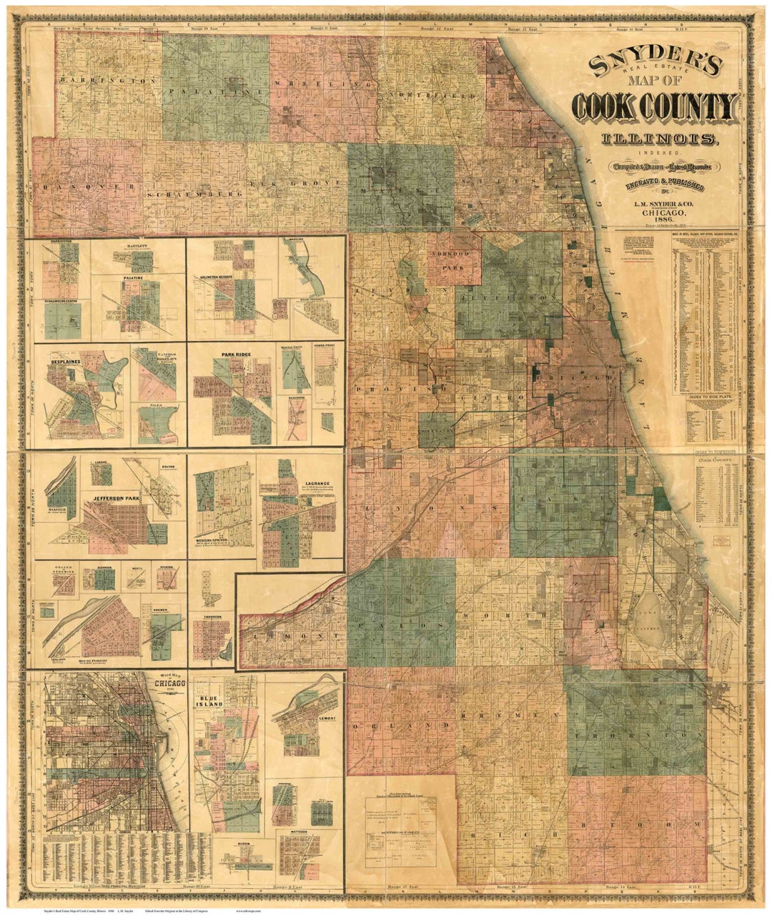 Cook County Illinois 1886 - Old Wall Map Reprint With Homeowner Names ...