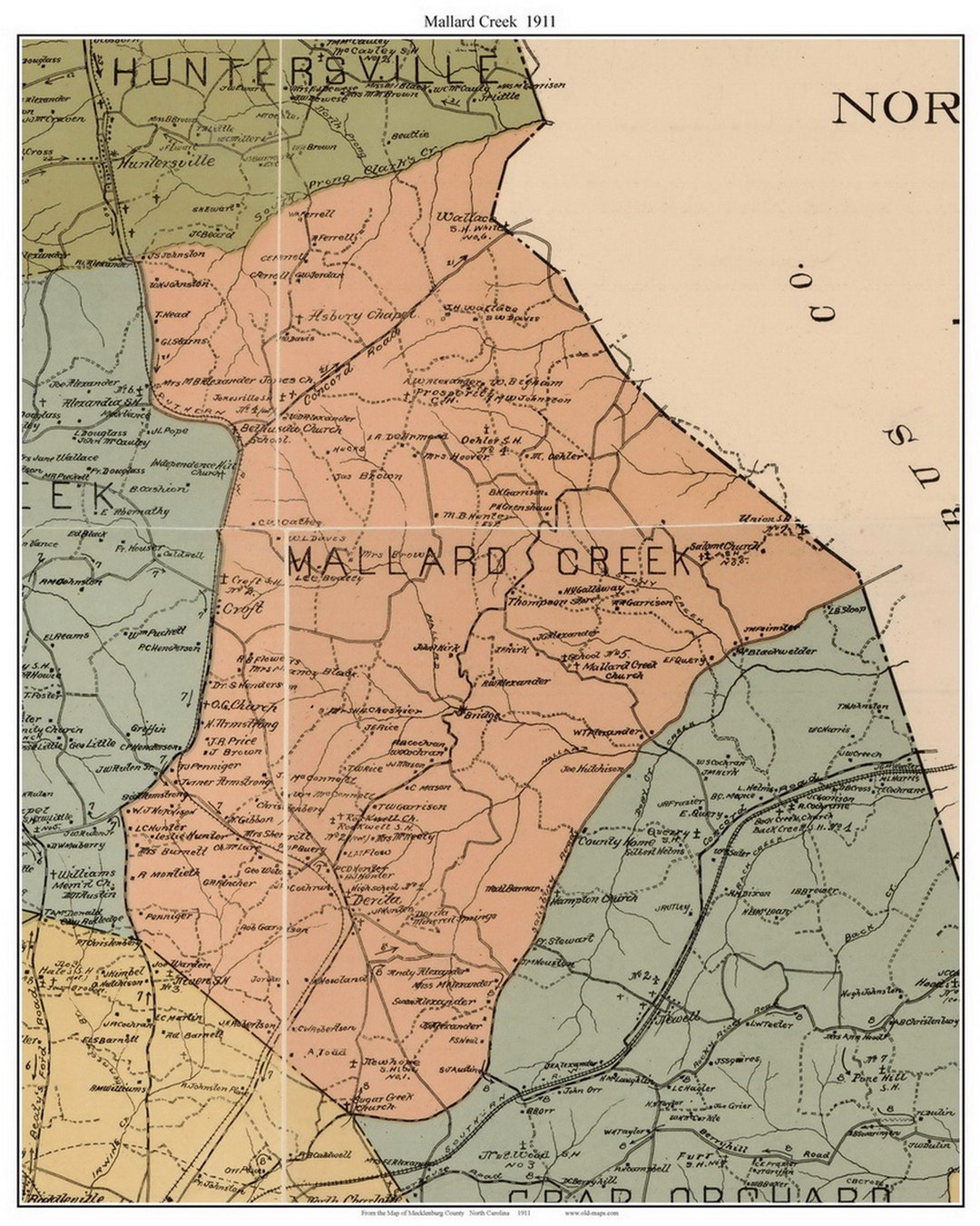 Mallard Creek 1911 Old Town Map With Homeowner Names - Wallace - North ...