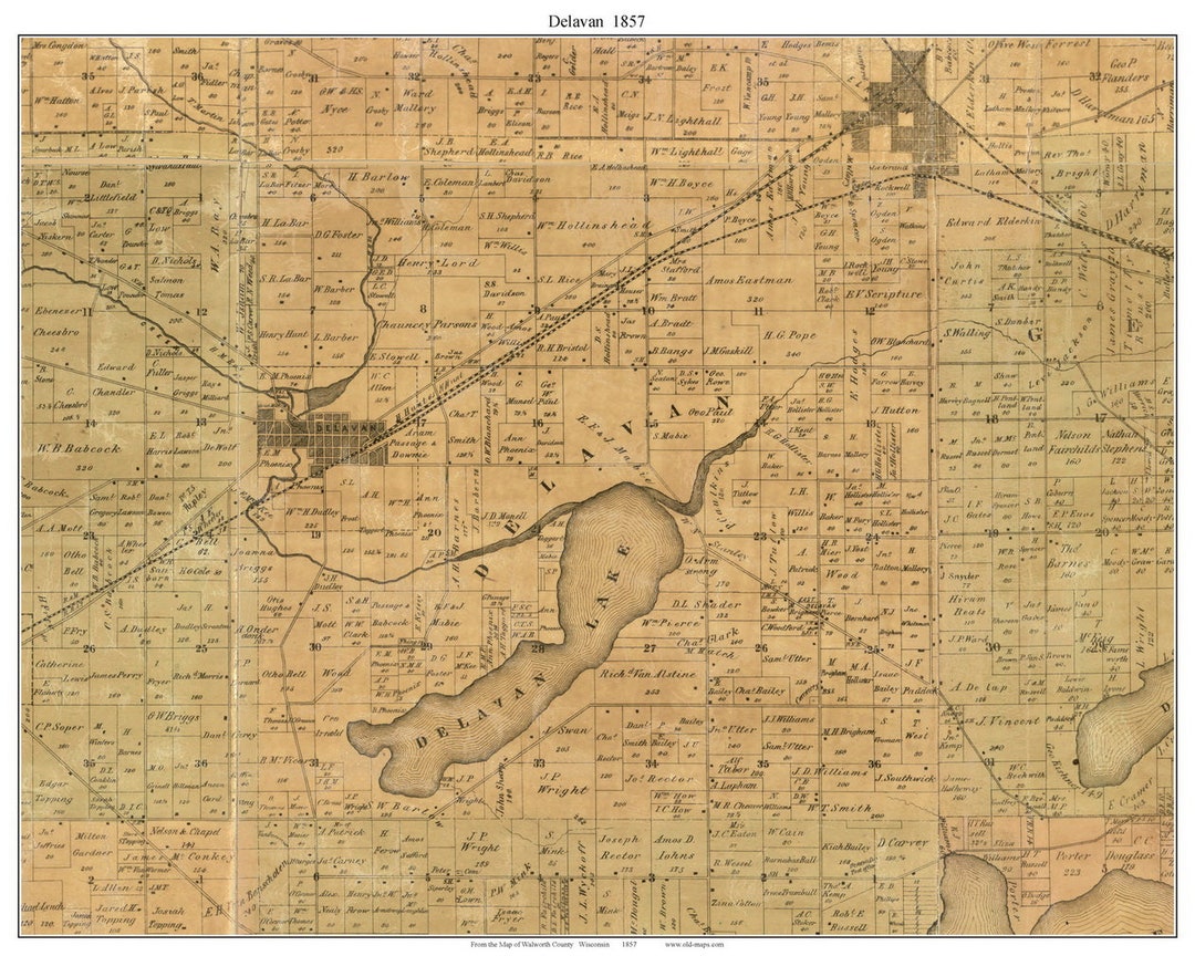 Delavan 1857 Old Town Map With Homeowner Names Wisconsin - Reprint ...