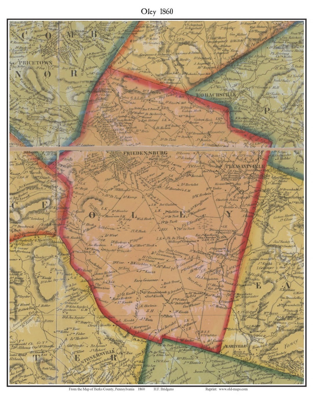 Oley 1860 Old Town Map With Homeowner Names - Pennsylvania - Reprint ...