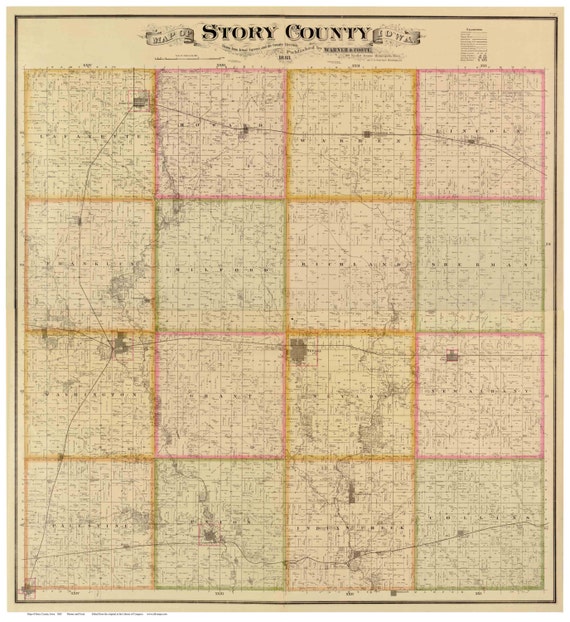 Story County Iowa 1883 Old Wall Map with Landowner Names Farm | Etsy