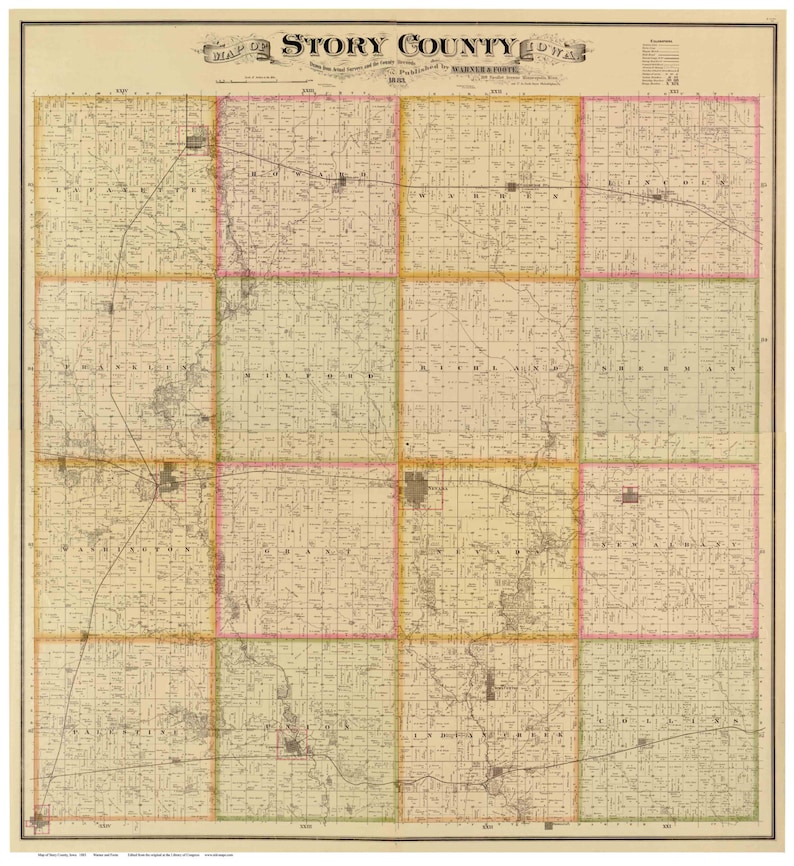 Story County Iowa 1883 Old Wall Map With Landowner Names Farm Lines ...