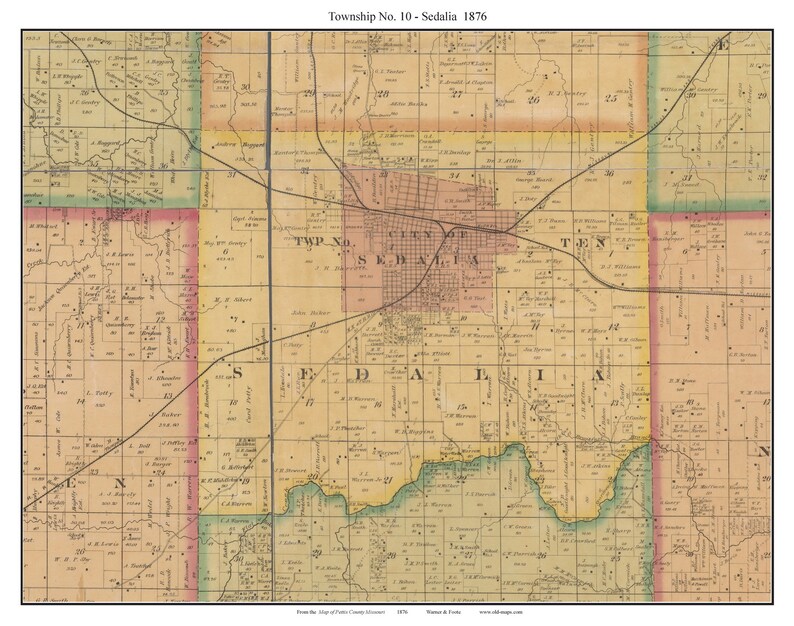District 10 Sedalia 1876 Old Town Map With Homeowner Names Missouri ...
