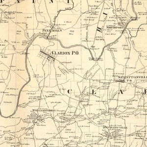Clarion County Pennsylvania 1865 BW - Old Wall Map With Homeowner Names ...