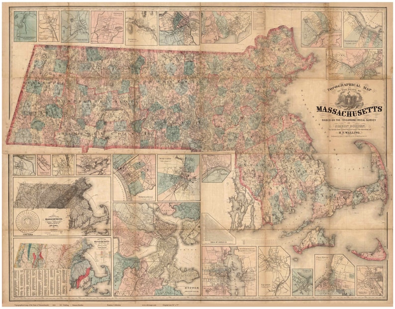 Massachusetts 1861 Map By Hf Walling Old Map Reprint Ma Etsy