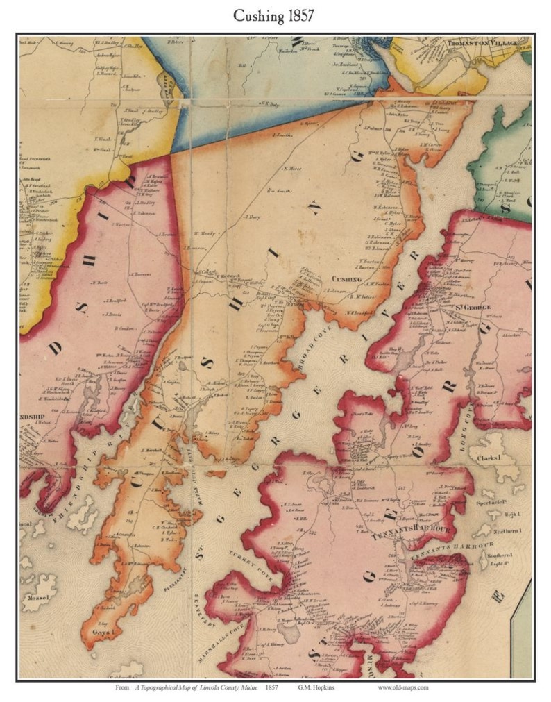 Cushing 1857 Old Town Map With Homeowner Names Maine St George River ...