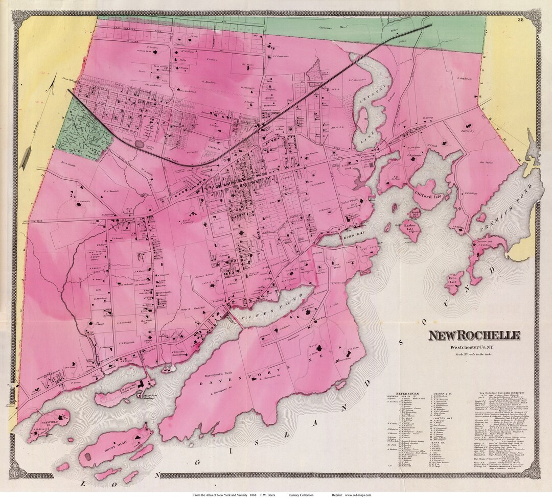 New Rochelle Village 1868 Old Town Map Reprint Westchester Co. New York ...