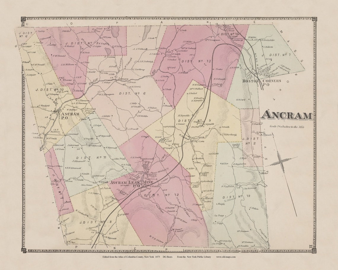 Ancram 1873 Ancram Lead Mine Old Map Homeowner Names Reprint Columbia ...