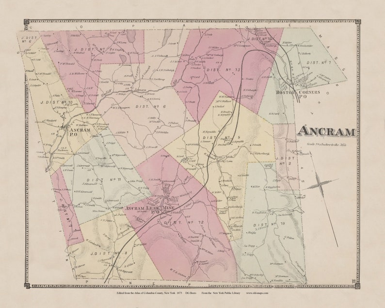 Ancram 1873 Ancram Lead Mine Old Map Homeowner Names Reprint Columbia ...