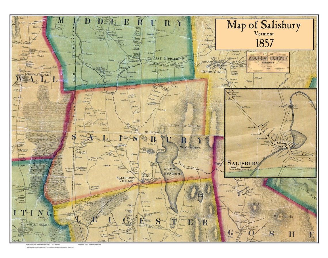 Salisbury 1857 Old Town Map With Homeowner Names Vermont Reprint ...