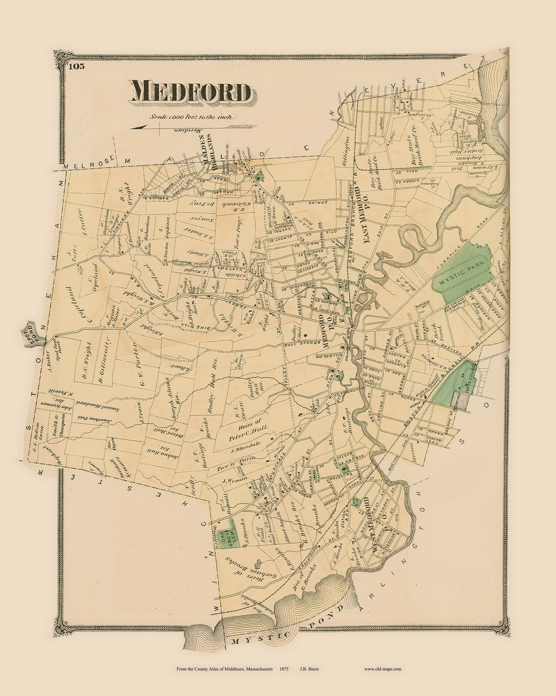 Medford 1875 Old Town Map Reprint Middlesex County, Massachusetts ...