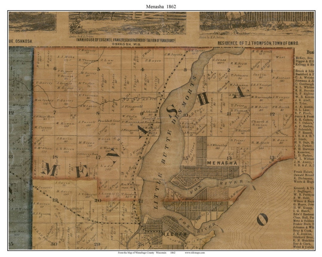 Menasha 1862 - Old Town Map With Homeowner Names - Little Butte Des ...