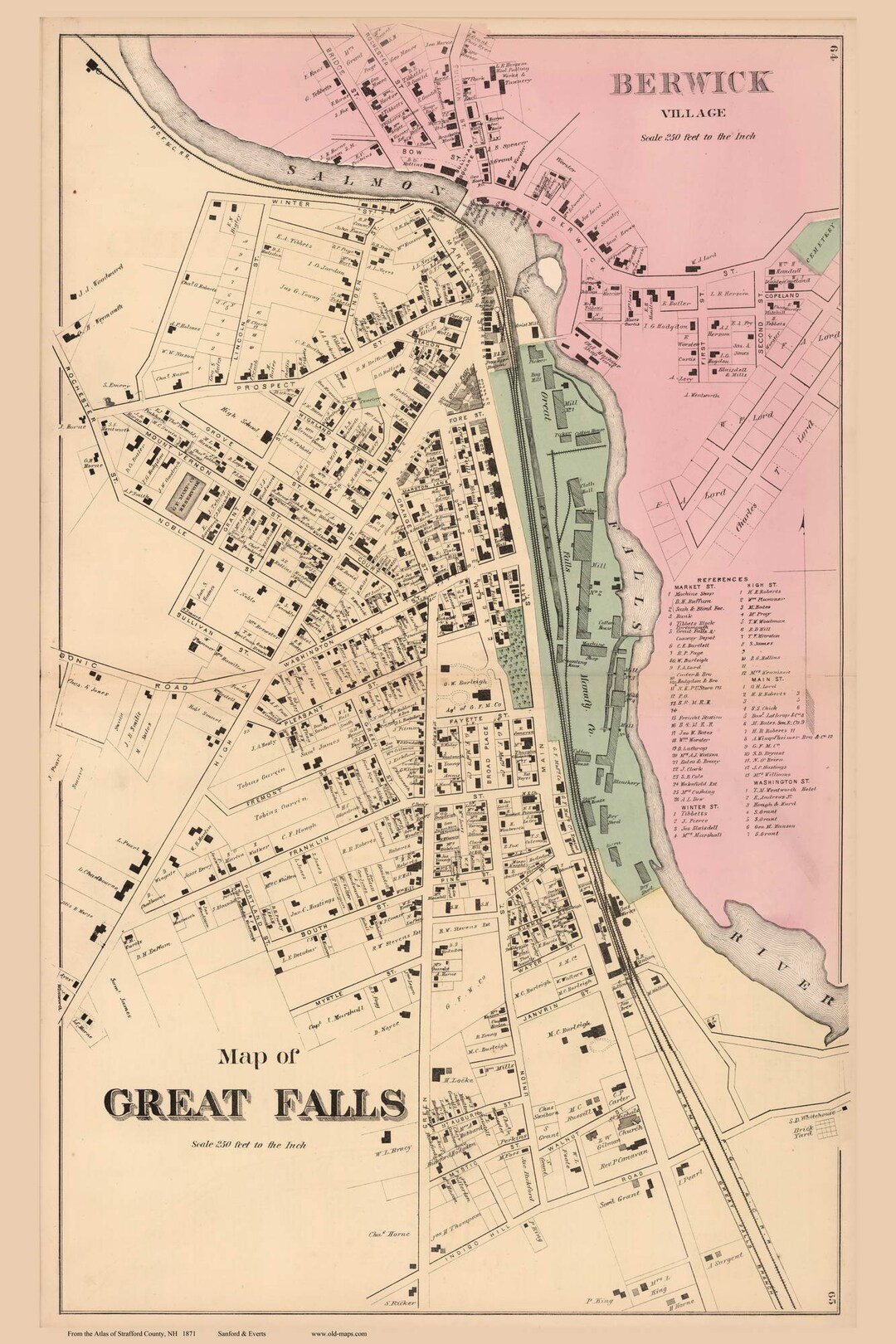Great Falls 1871 Map Homeowner Names Somersworth Berwick Village (maine ...