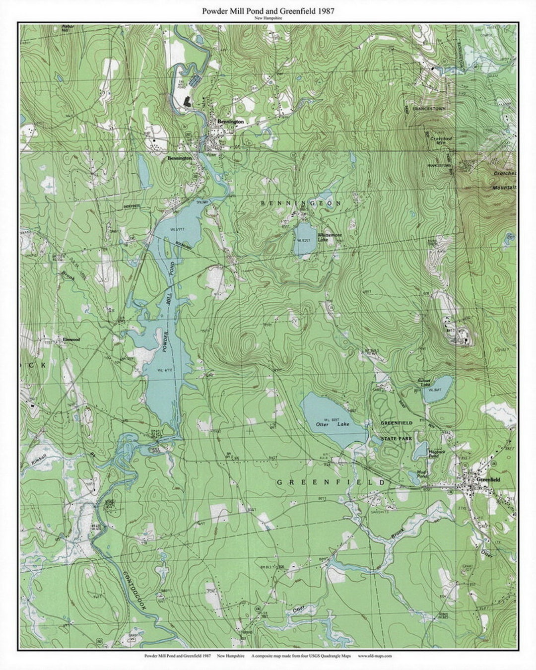 Powder Mill Pond & Greenfield 1987 Old Topographic Map Bennington Otter ...